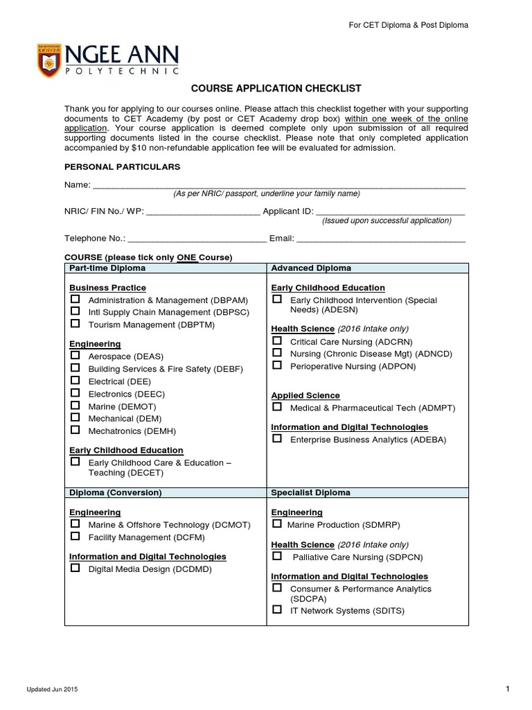 Course Application Checklist | PDF | Diploma | Nursing
