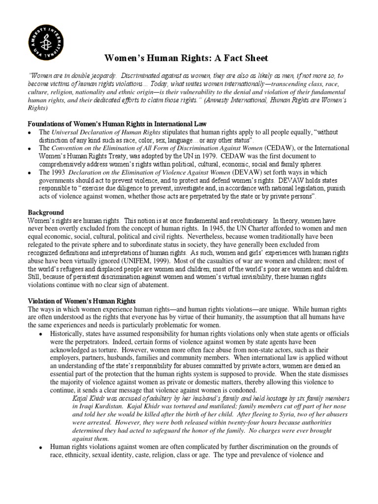 Womens Human Rights Fact Sheet | PDF | Human Rights | Violence Against ...