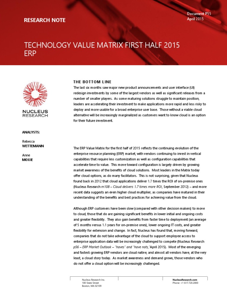 Technology Value Matrix First Half 2015 ERP: Research Note | PDF | Enterprise Resource Planning ...