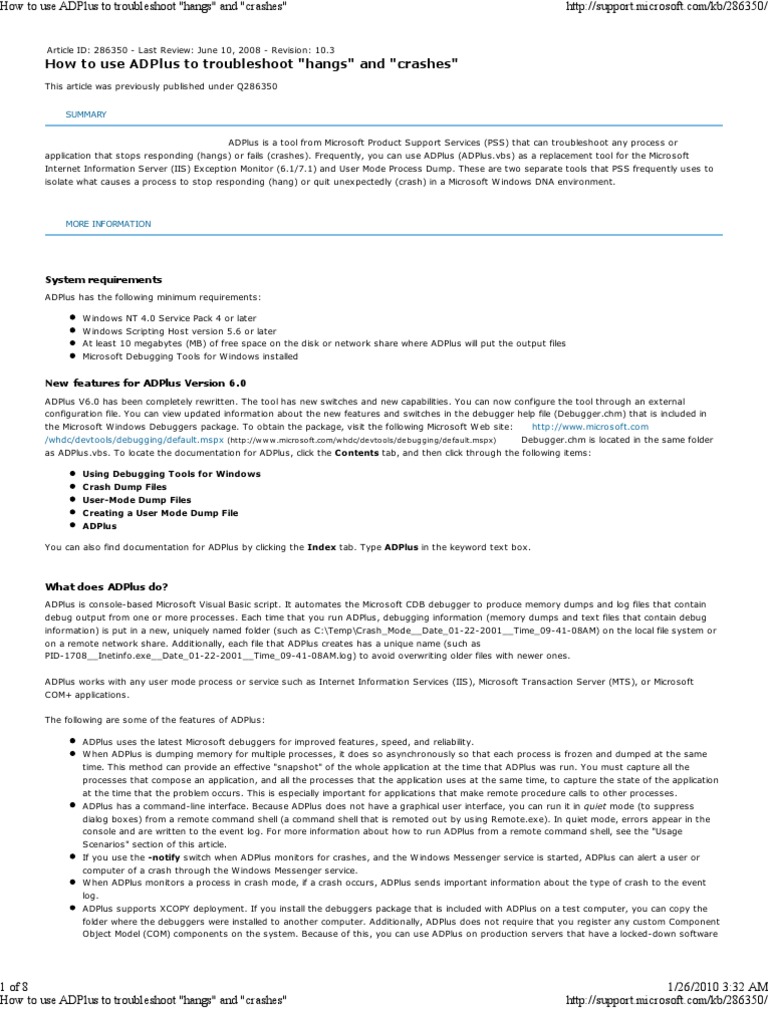 How To Use Adplus To Troubleshoot "Hangs" and "Crashes": System Requirements | PDF | Command ...