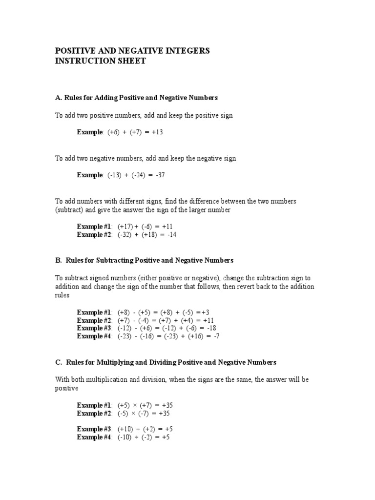 Positive and Negative Integers Instruction Sheet | PDF | Fraction ...