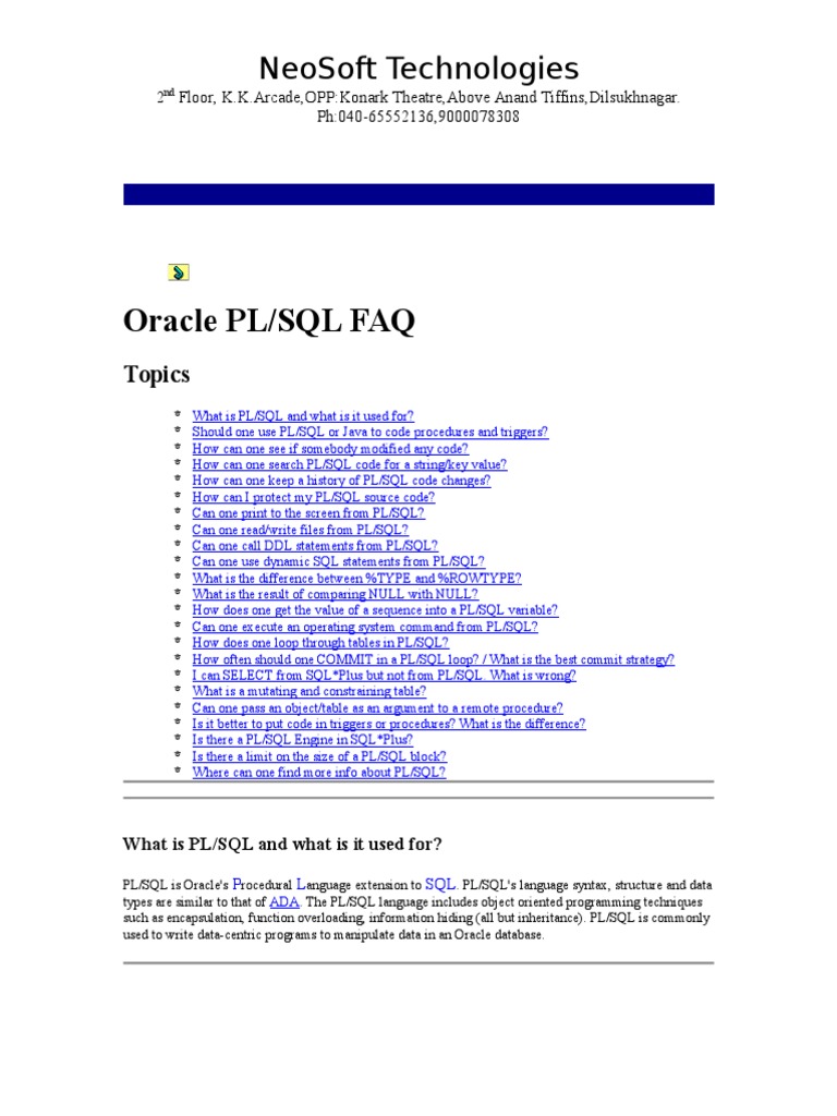 Oracle PL/SQL Faq: Neosoft Technologies | PDF | Pl/Sql | Software Engineering