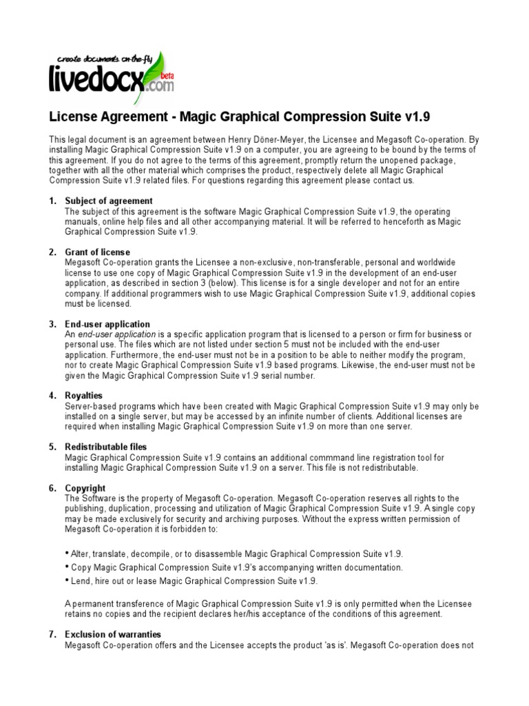 License Agreement - Magic Graphical Compression Suite v1.9 | PDF ...