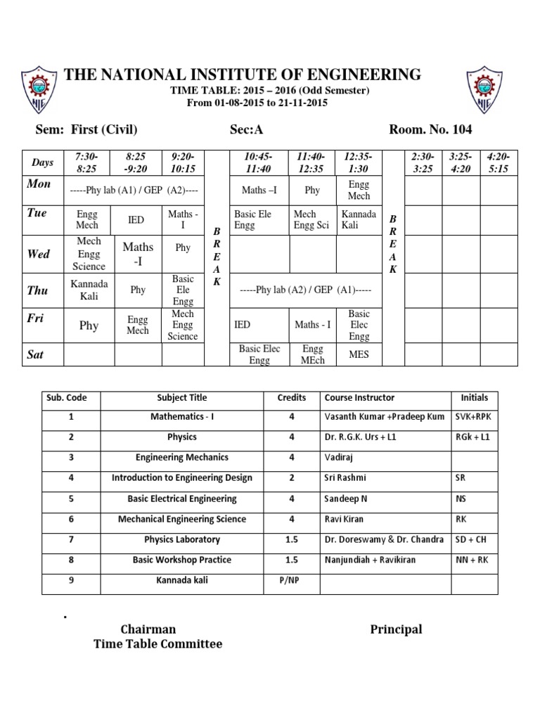 National Institute of Engineering Timetable 2015-2016 | PDF | Teaching ...