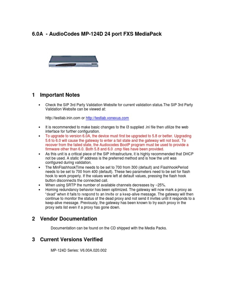 6.0A - Audiocodes Mp-124D 24 Port Fxs Mediapack | PDF | Session Initiation Protocol | Port ...