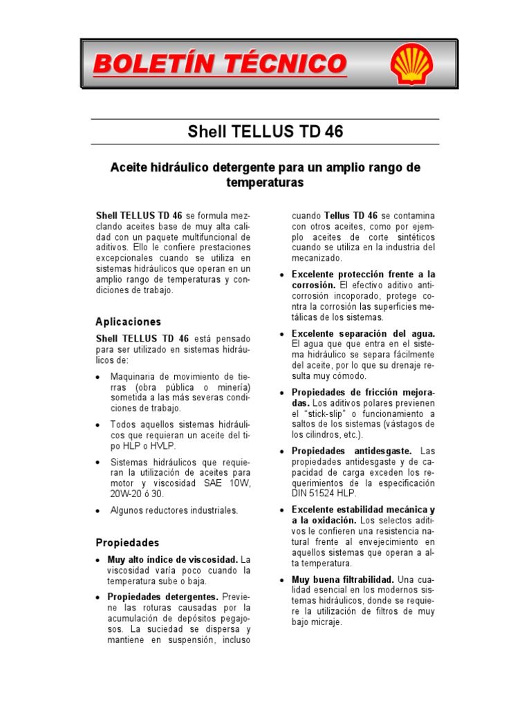 Aceite Shell TELLUS TD 46: Ficha Técnica | PDF | Agua | Química