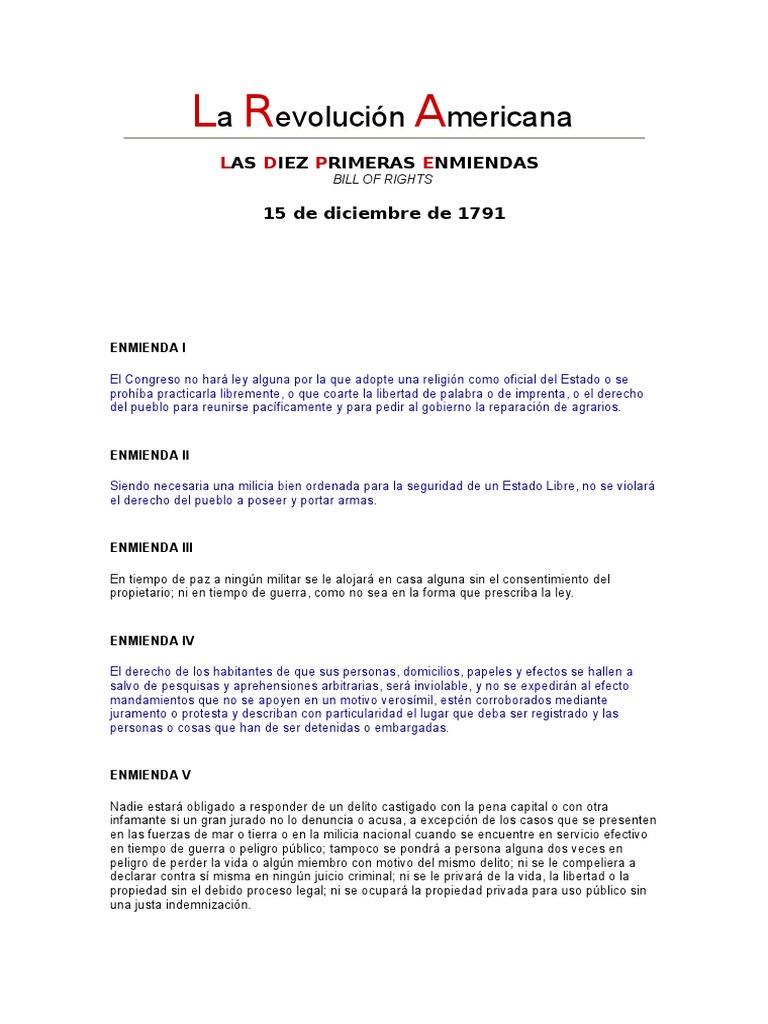 10 Primeras Enmiendas Consttución Eeuu (1791) | Declaración de derechos ...