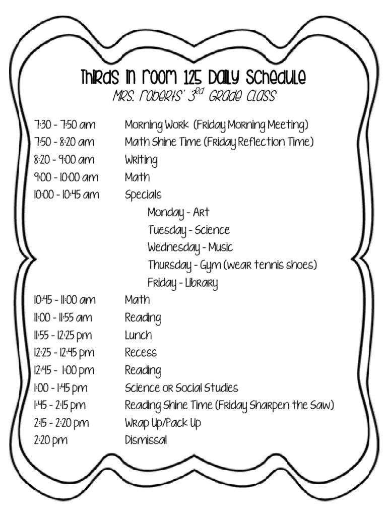 3rd Grade Daily Schedule Room 125 | PDF