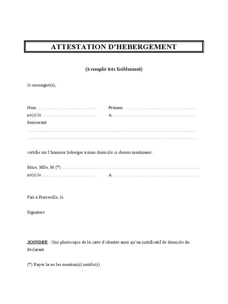 Attestation Hebergement Lettre Attestation D H bergement Mod le