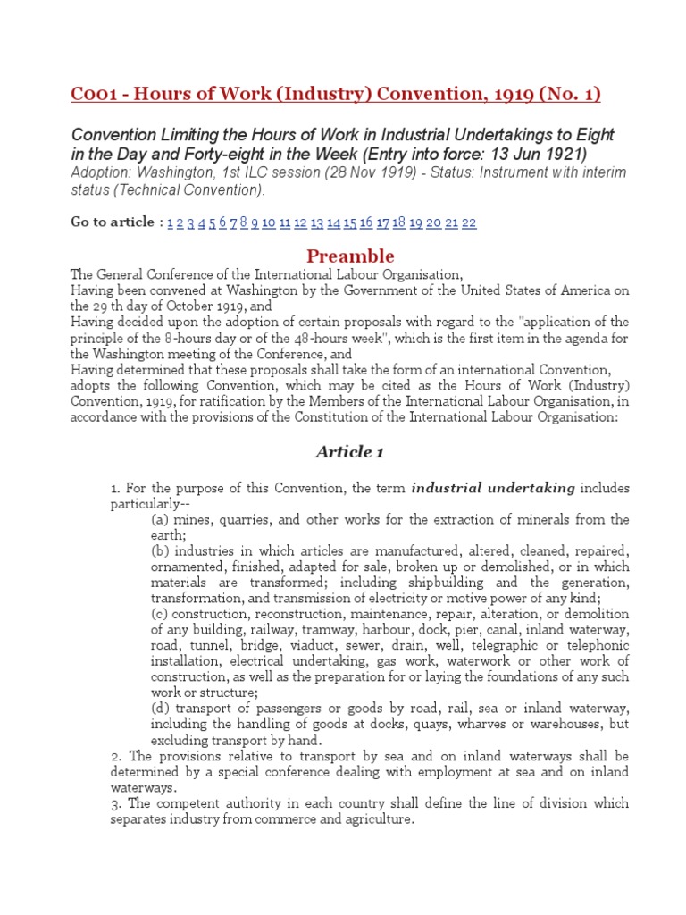 C001 - Hours of Work (Industry) Convention, 1919 (No. 1) | PDF ...