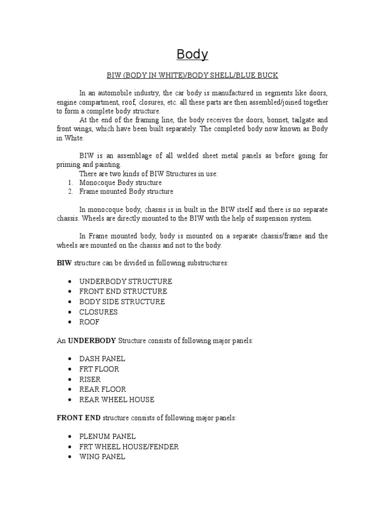 BIW Structure Can Be Divided in Following Substructures | PDF | Trunk ...