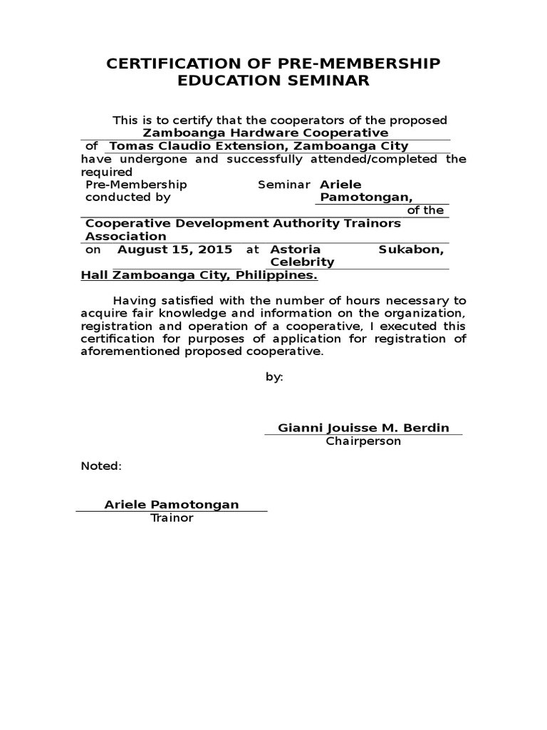 Certificate of Pre Membership Education Seminar | PDF | Business ...