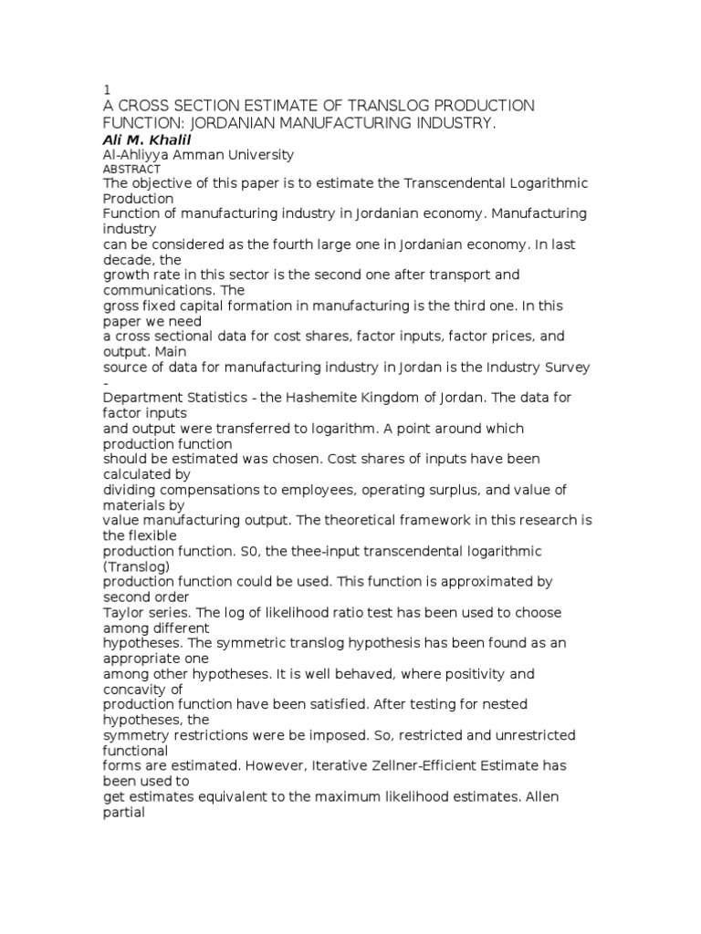 A Cross Section Estimate of Translog Production Function: Jordanian ...