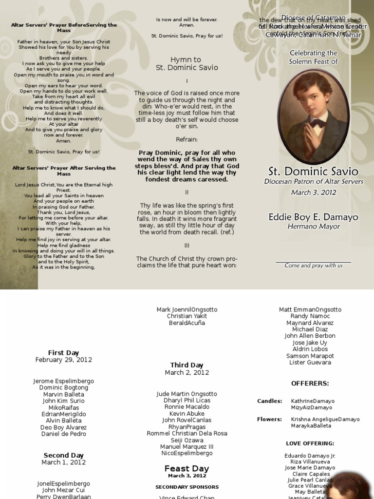 Hymn To St. Dominic Savio: Altar Servers' Prayer Beforeserving The Mass ...