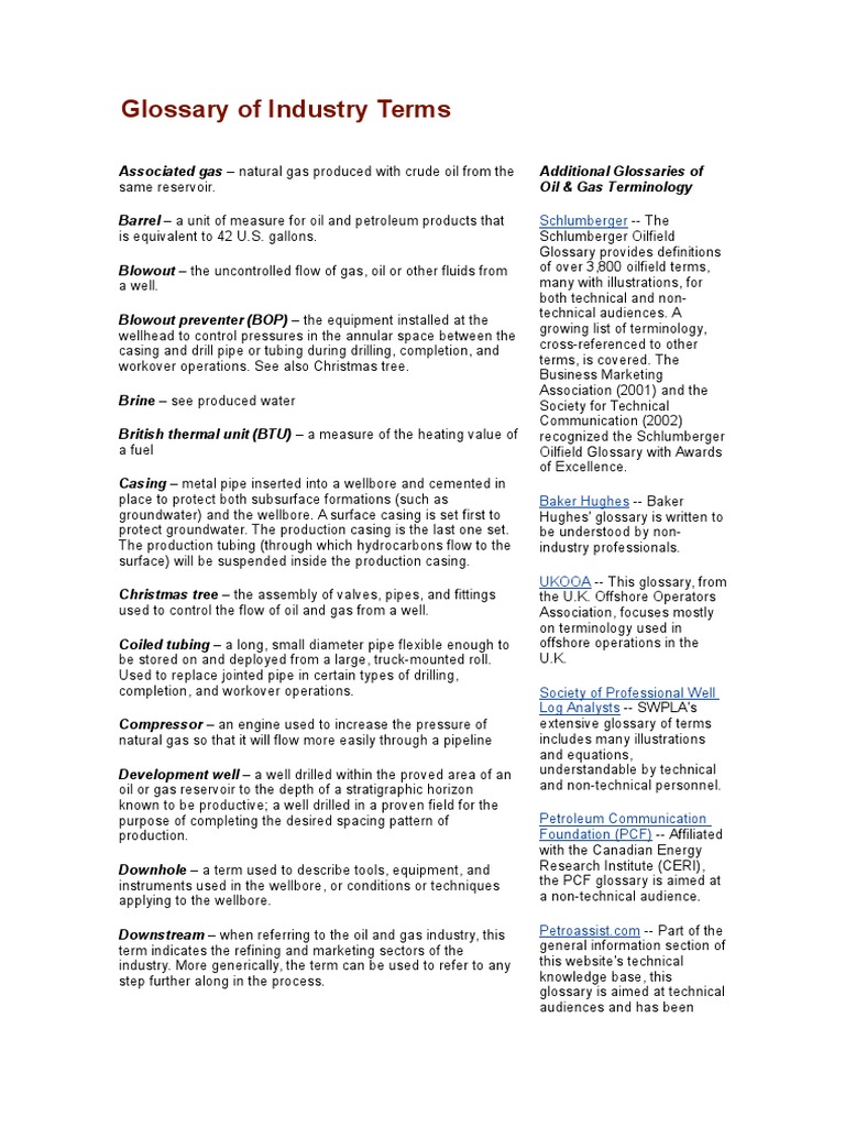 Glossary of Industry Terms | Download Free PDF | Petroleum Reservoir ...