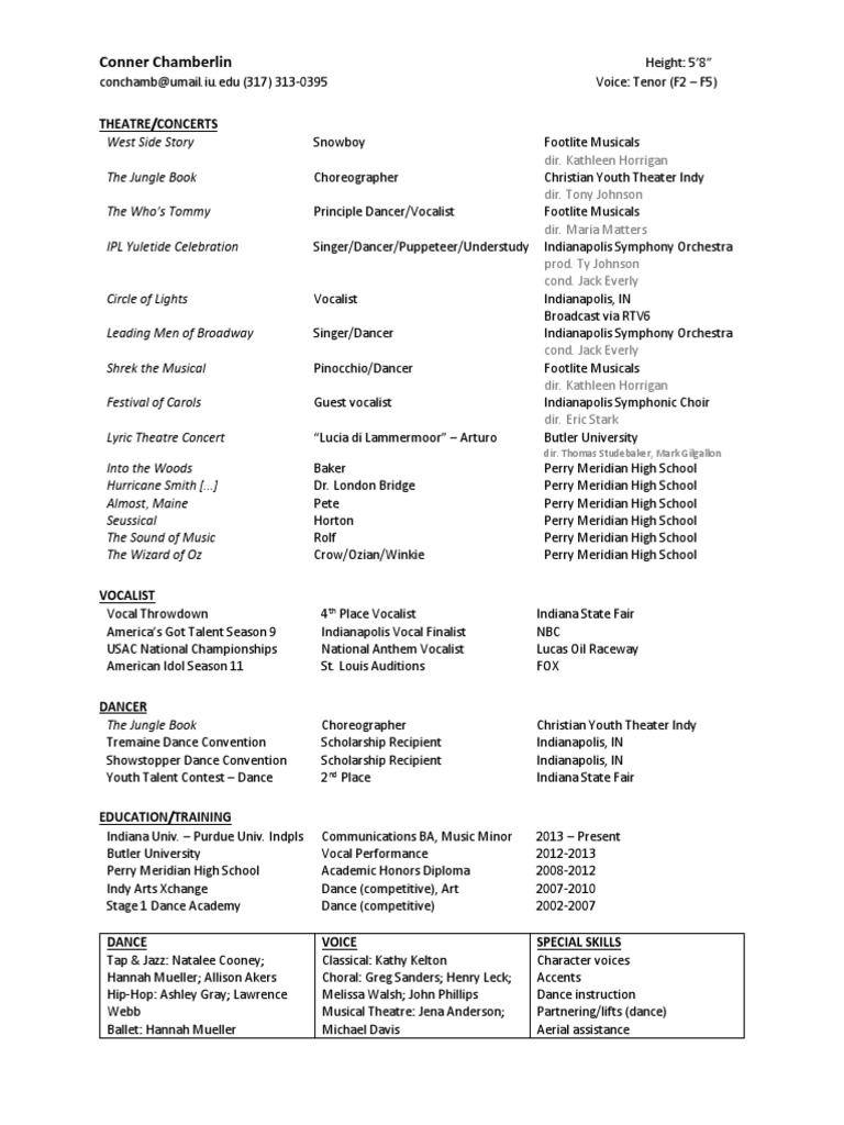 Conner Chamberlin Performer Resume | PDF