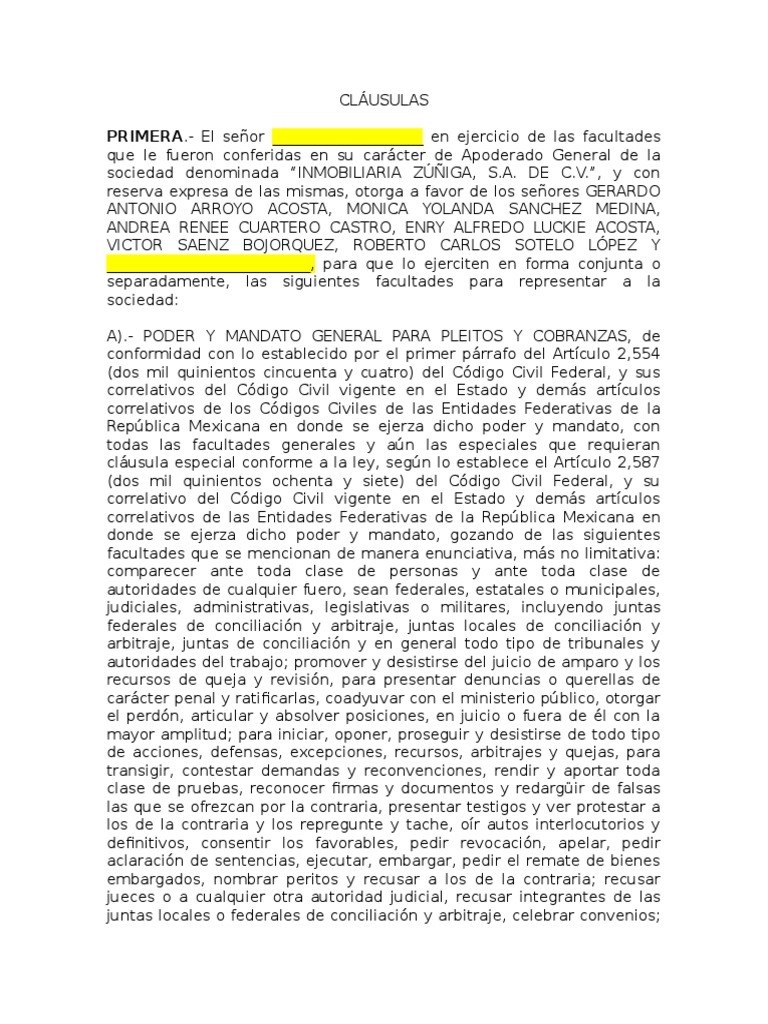 Clausulas Poder y Mandato General para Pleitos y Cobranza | PDF ...