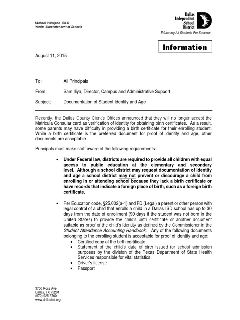 Dallas ISD Memo On Birth Certificates and Student Identity | PDF ...