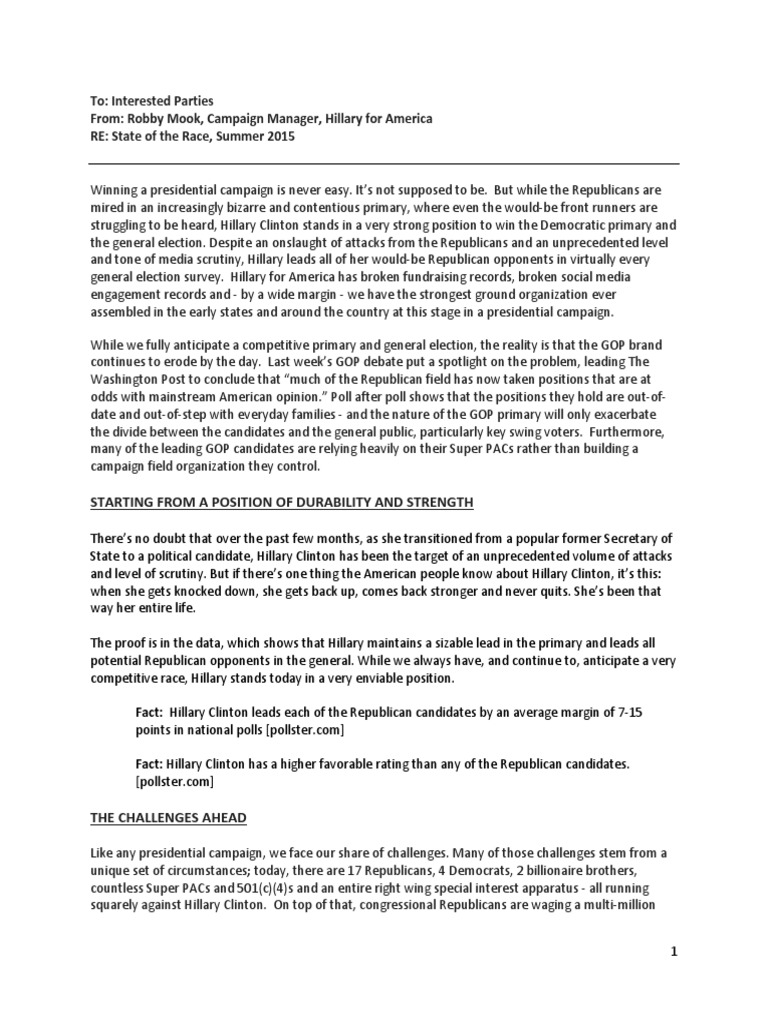 Robbie Mook: State of The Race PDF | PDF | Hillary Clinton Presidential ...