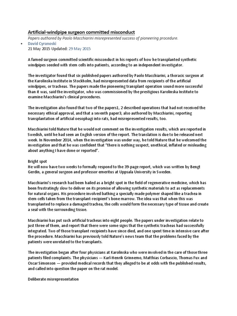 Artificial windpipe surgeon committed scientific misconduct | PDF ...