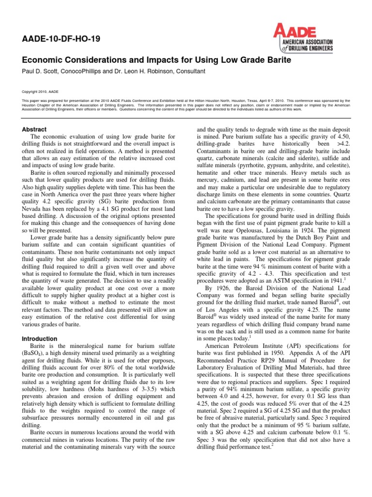 Economic Considerations and Impacts For Using Low Grade Barite | PDF