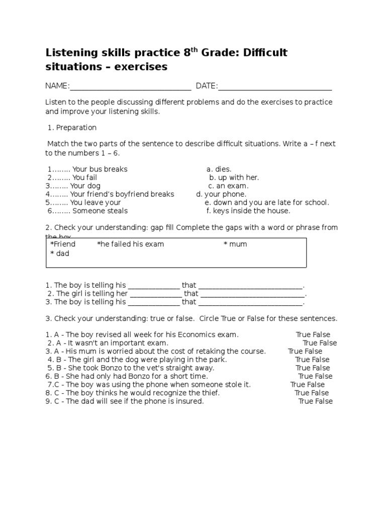 8th Grade Listening Skills Exercises | PDF | Language Arts & Discipline