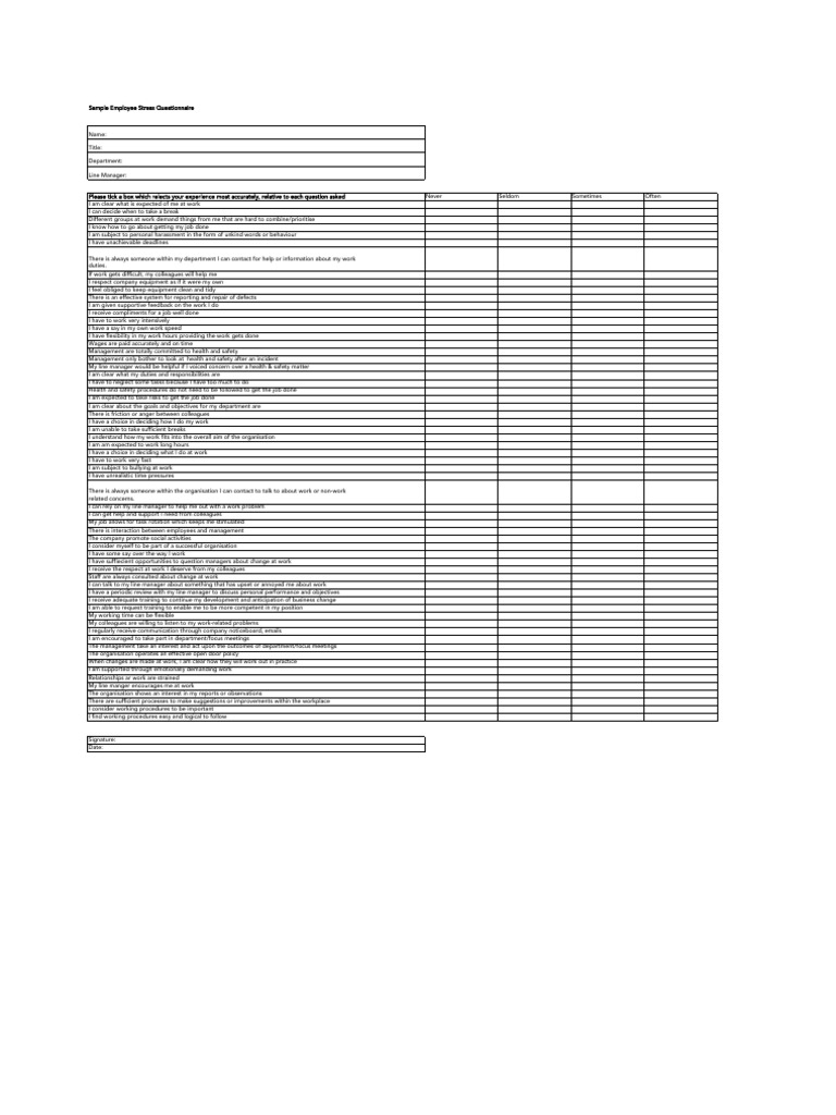 Sample Employee Stress Questionnaire | Occupational Safety And Health ...