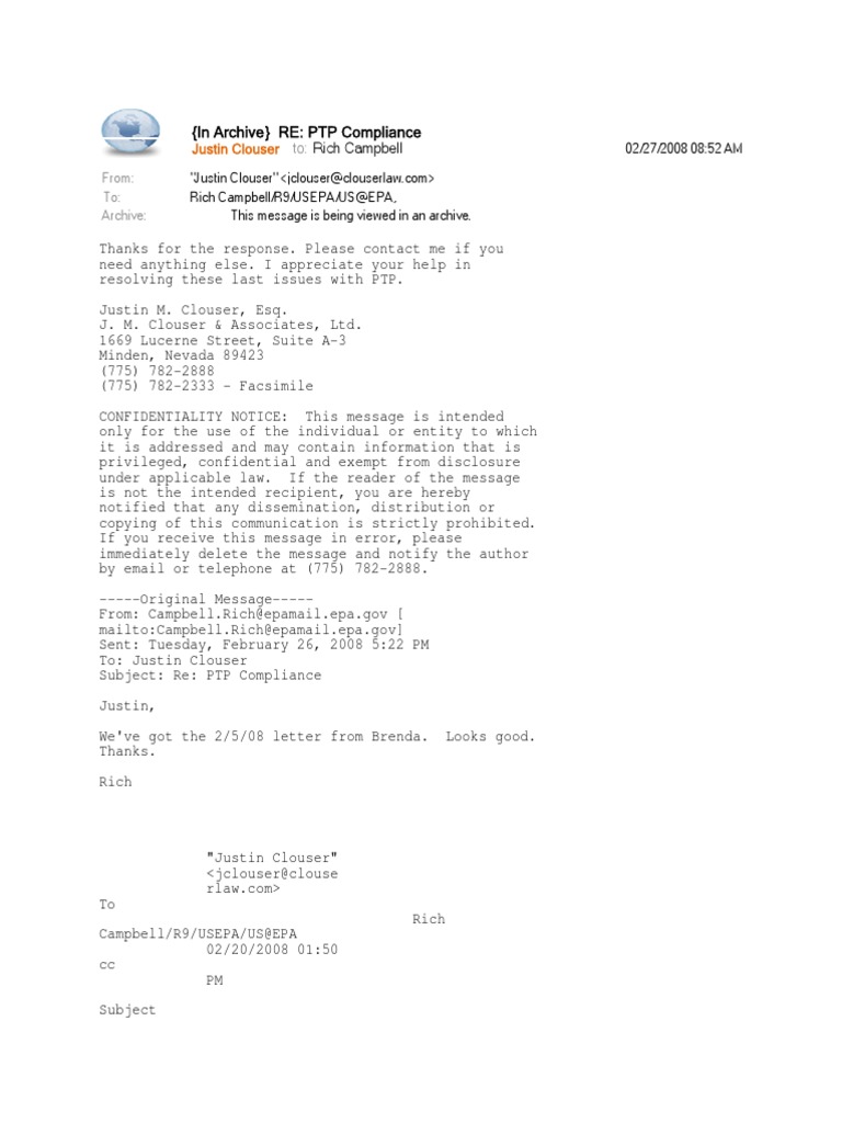2008-Feb-27 PTP and Epa Confirm Receipt of PTP Compliance Plan | PDF ...