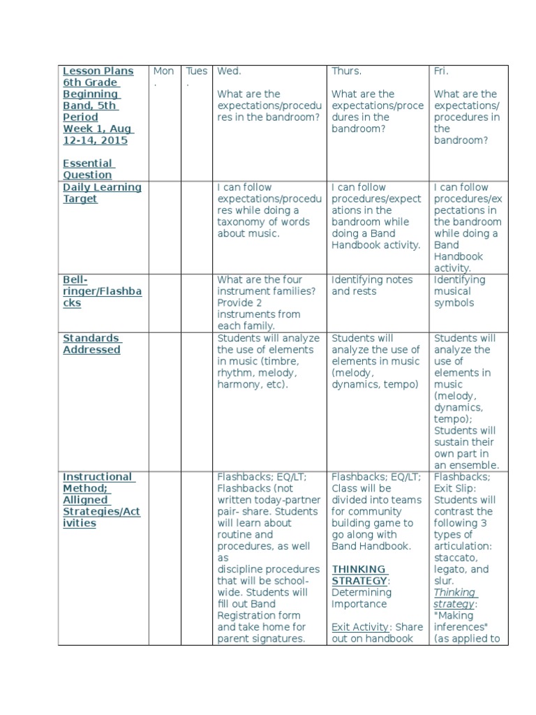 6th Grade Band Lesson Plans Week 1 | PDF | Communication | Pedagogy