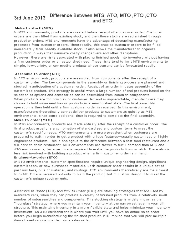 Difference Between MTS, Ato, Mto, Pto, Cto and Eto | PDF | Inventory ...