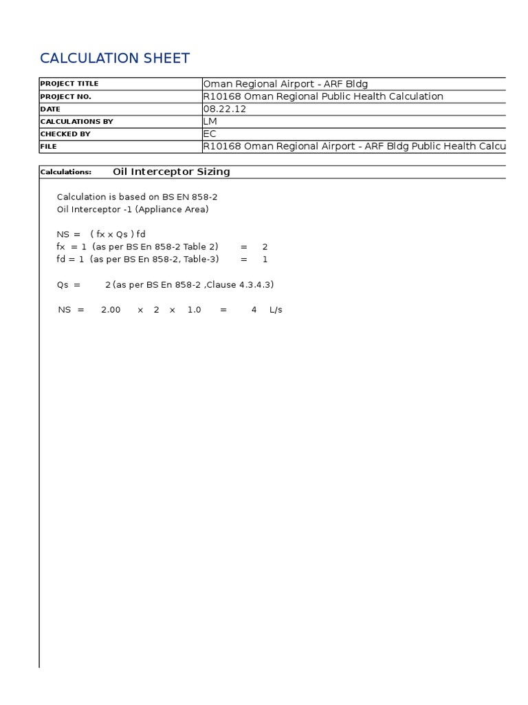 Calculation Sheet: Oil Interceptor Sizing | PDF