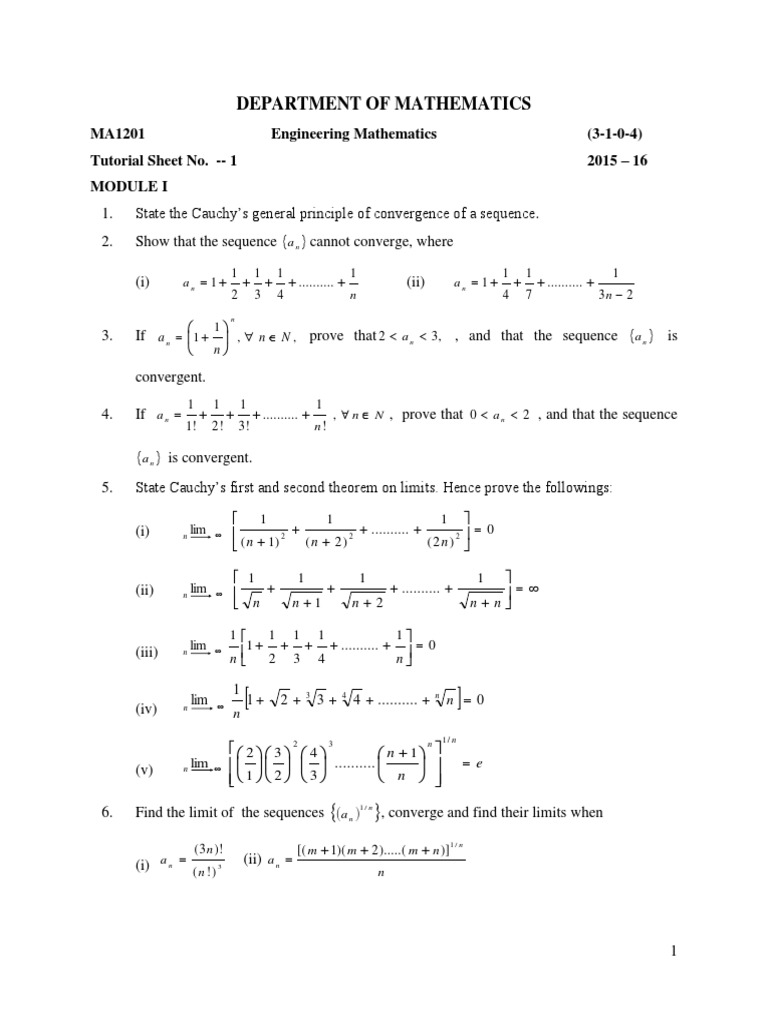 Engineering Mathematics Tutorial Sheet 1 | PDF | Series (Mathematics ...