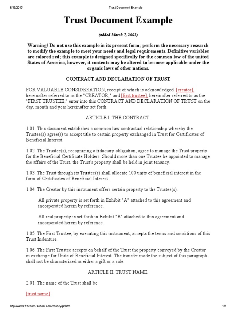 Trust Document Example | PDF | Trust Law | Trustee