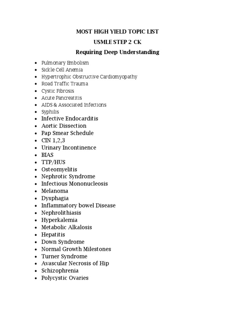 High Yield Topic List For Usmle Step 2 CK | PDF