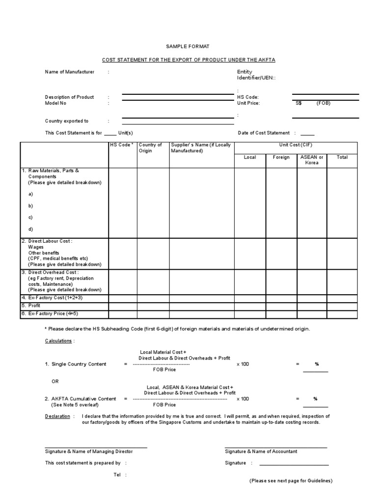 Cost Statement Format for AKFTA Export | PDF | Tariff | Association Of ...