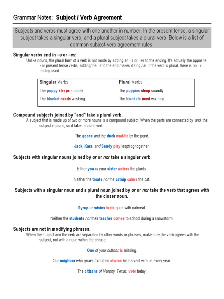 Notes Subject Verb Agreement | PDF | Grammatical Number | Plural