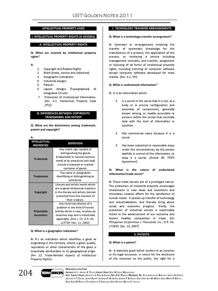 UST Golden Notes - Intellectual Property Law | PDF | Patent Application ...