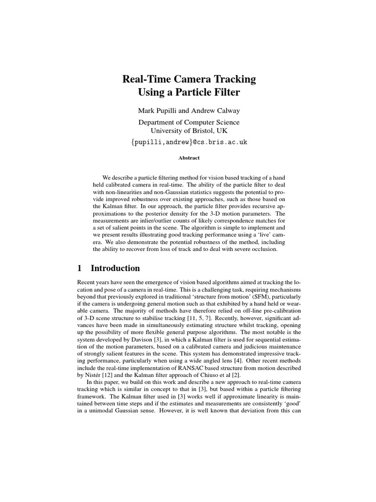 Real-Time Camera Tracking Using A Particle Filter | PDF | Kalman Filter | Robust Statistics