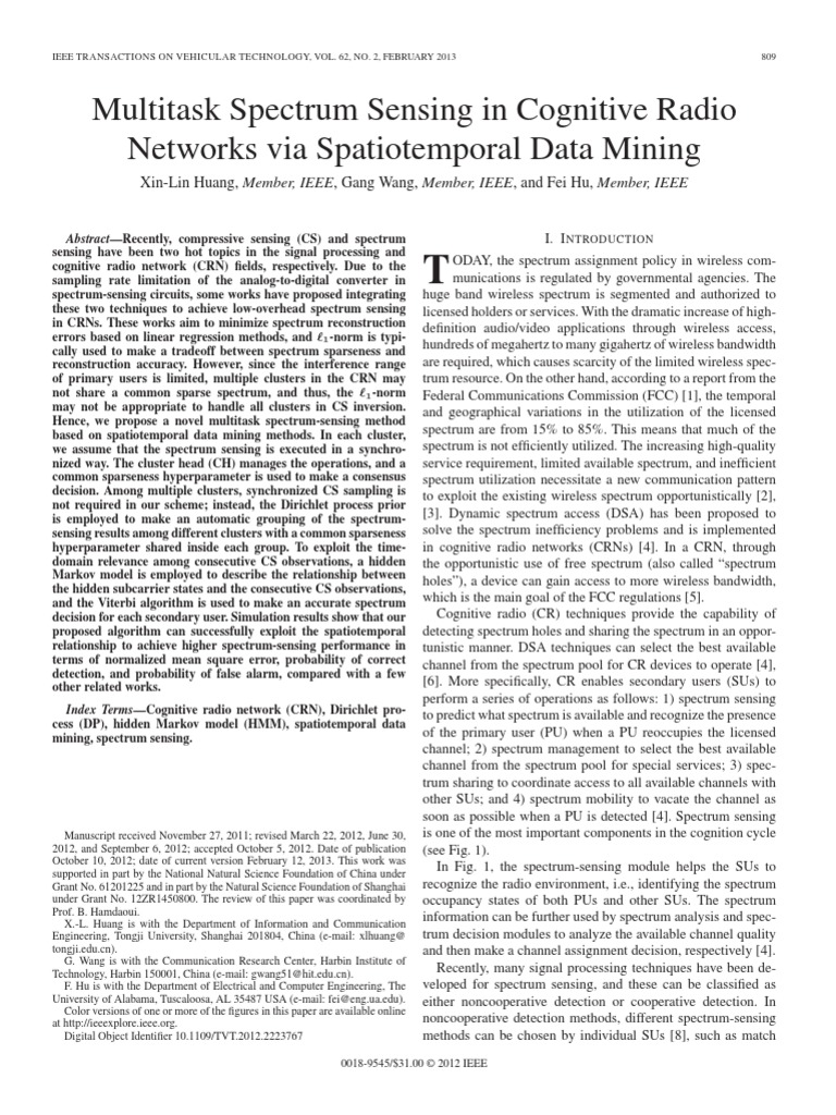 Multitask Spectrum Sensing In Cognitive Radio Networks Via Spatiotemporal Data Mining Pdf