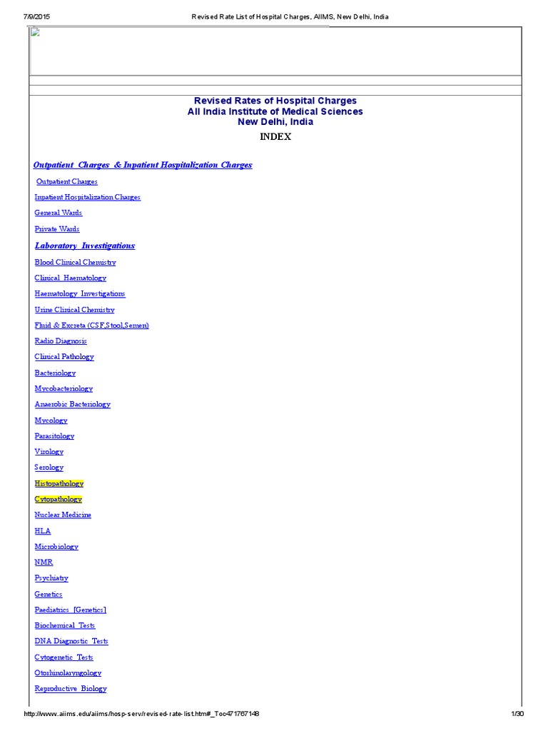 Revised Rate List of Hospital Charges, AIIMS, New Delhi, India PDF ...