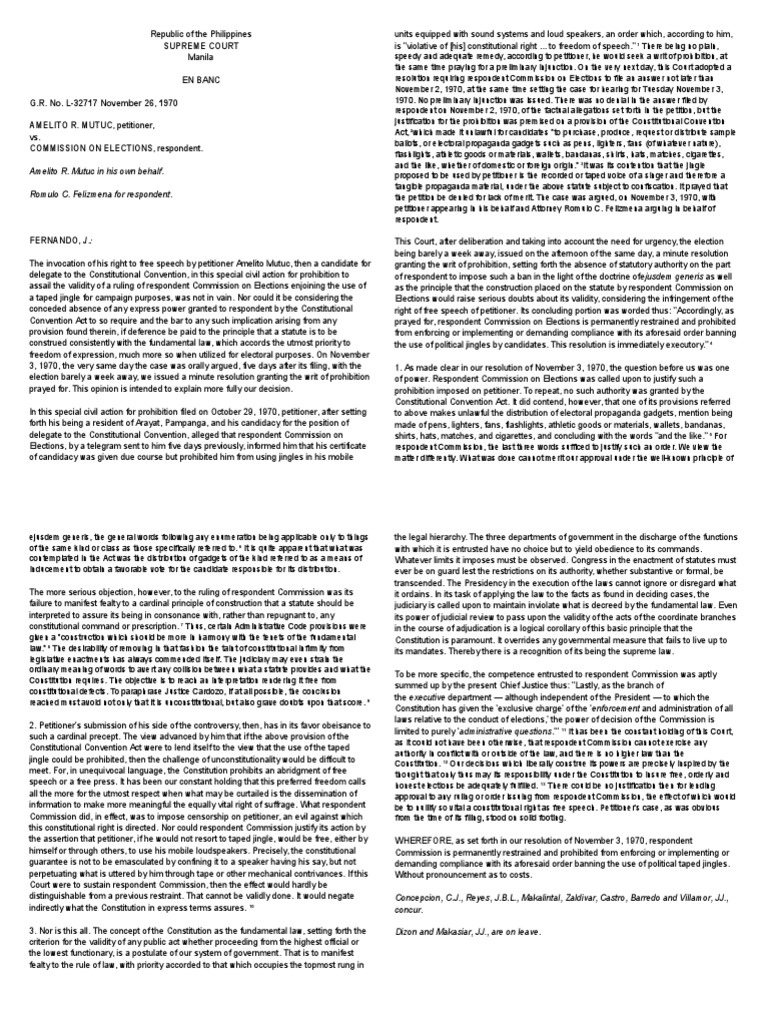Mutuc Vs Comelec, 36 Scra 228 | PDF | United States Constitution ...
