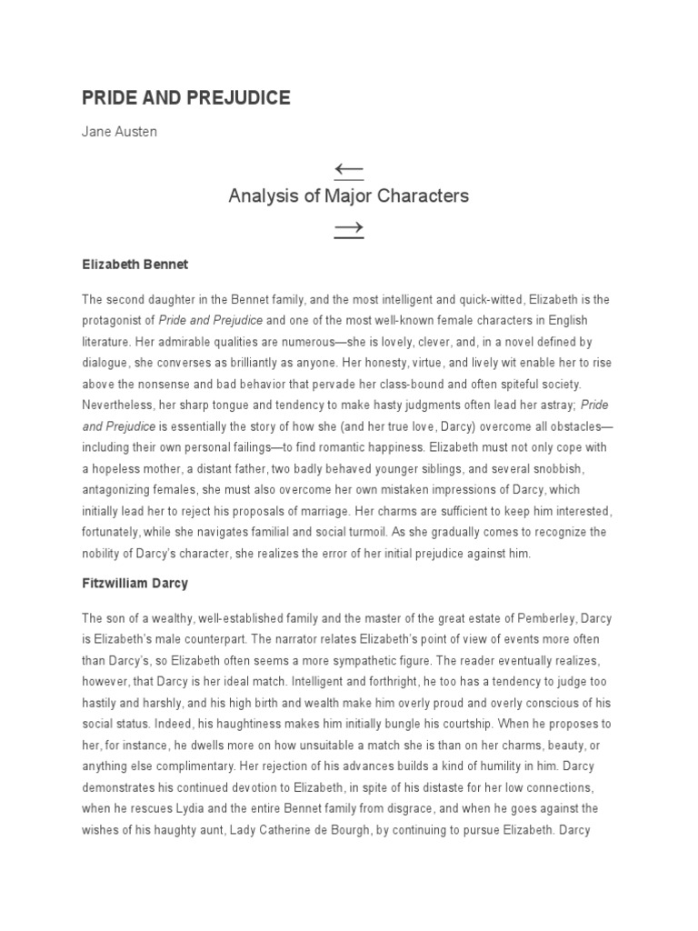 Pride and Prejudice Major Character's Analysis | PDF | Pride And ...