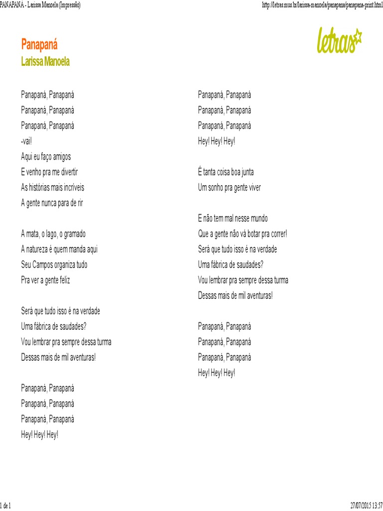 Letra da Música Panapaná - Larissa Manoela | PDF | Arte