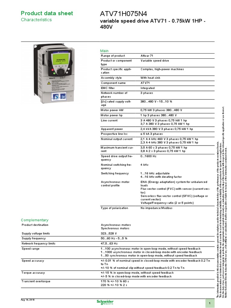 ATV71H075N4: Product Data Sheet | PDF | Control Theory | Feedback