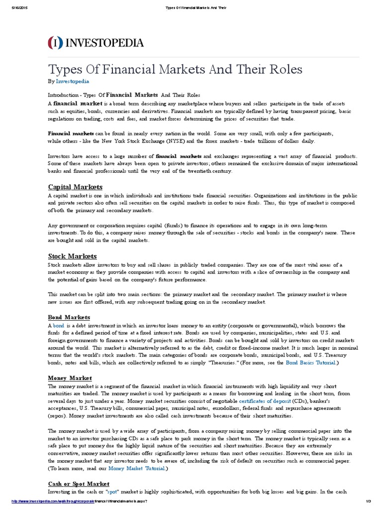 Financial Markets and Their Roles | PDF | Financial Markets | Foreign ...
