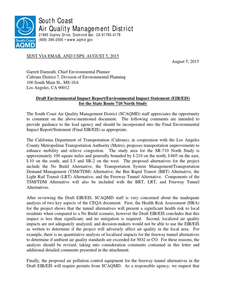 August 5 Letter from the South Coast Air Quality Management District ...