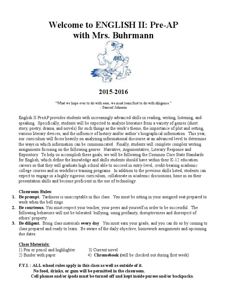 Welcome To ENGLISH II: Pre-AP With Mrs. Buhrmann | PDF | Homework ...