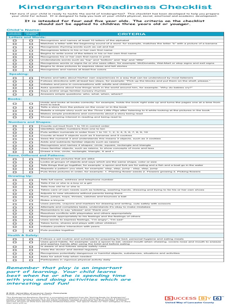 Kindergarten Readiness Checklist: Criteria | Download Free PDF | Early ...