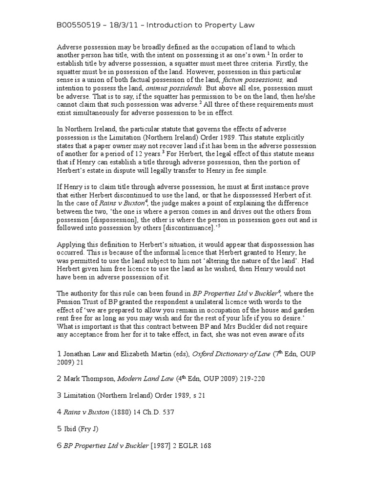 Adverse Possession May Be Broadly Defined As The Occupation of Land To ...