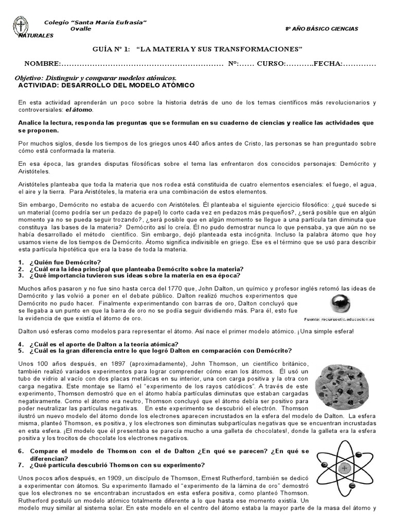 Guia 1 La Materia y Sus Transformaciones 8° | PDF | Átomos | Núcleo atómico